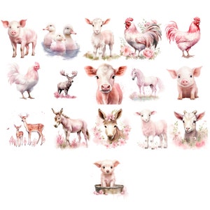 Pink Farm Animals Clipart Farm Animal Watercolor PNG Animal Sticker ...