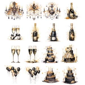 Happy New Year Clipart PNG New Years Eve Watercolor Bundle Black and ...
