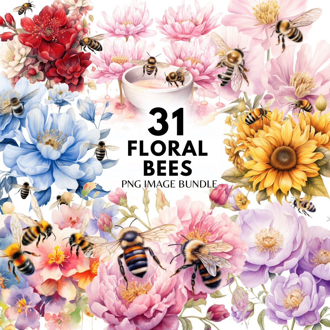 Floral Bee Clipart Watercolor Floral PNG Bee Stickers DIY Bee Tumbler ...