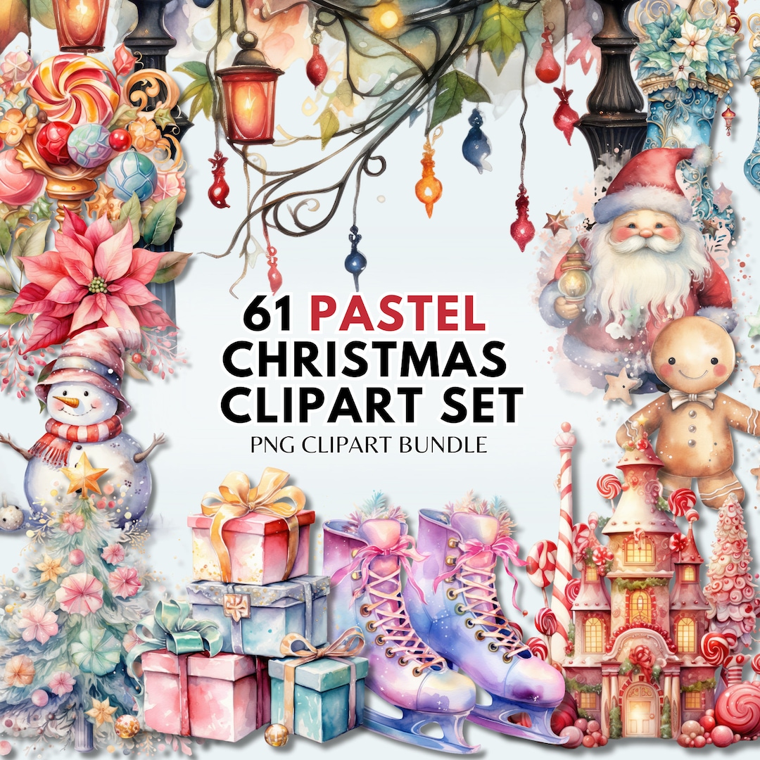 Pastel Christmas PNG Clipart Bundle Watercolor Pink Christmas Clipart ...