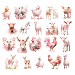 Pink Farm Animals Clipart Farm Animal Watercolor PNG Animal Sticker ...