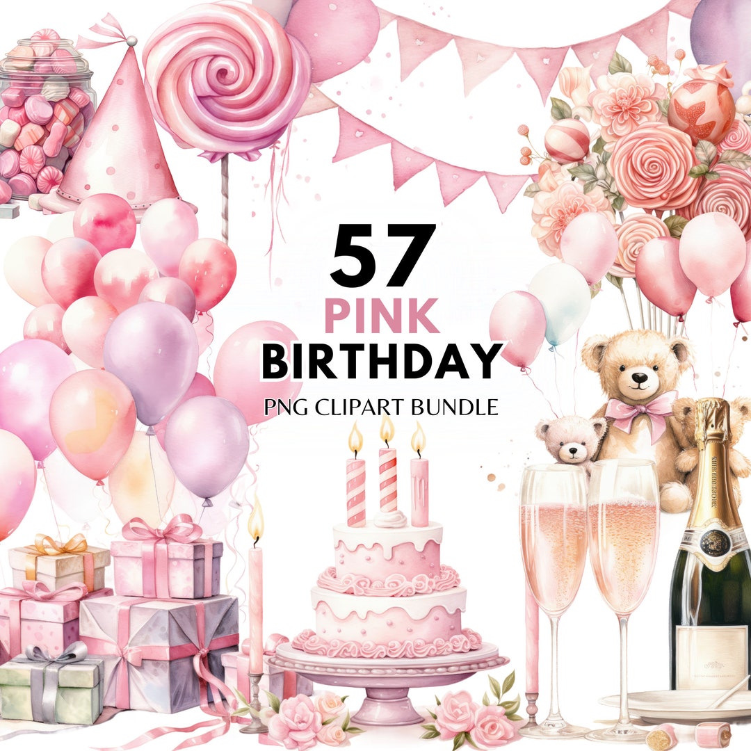 Pink Birthday Clipart Bundle Party Cake Birthday Present Balloon Happy ...