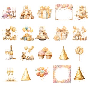 Gold Birthday Clipart Bundle Party Cake Birthday Present Balloon Happy ...
