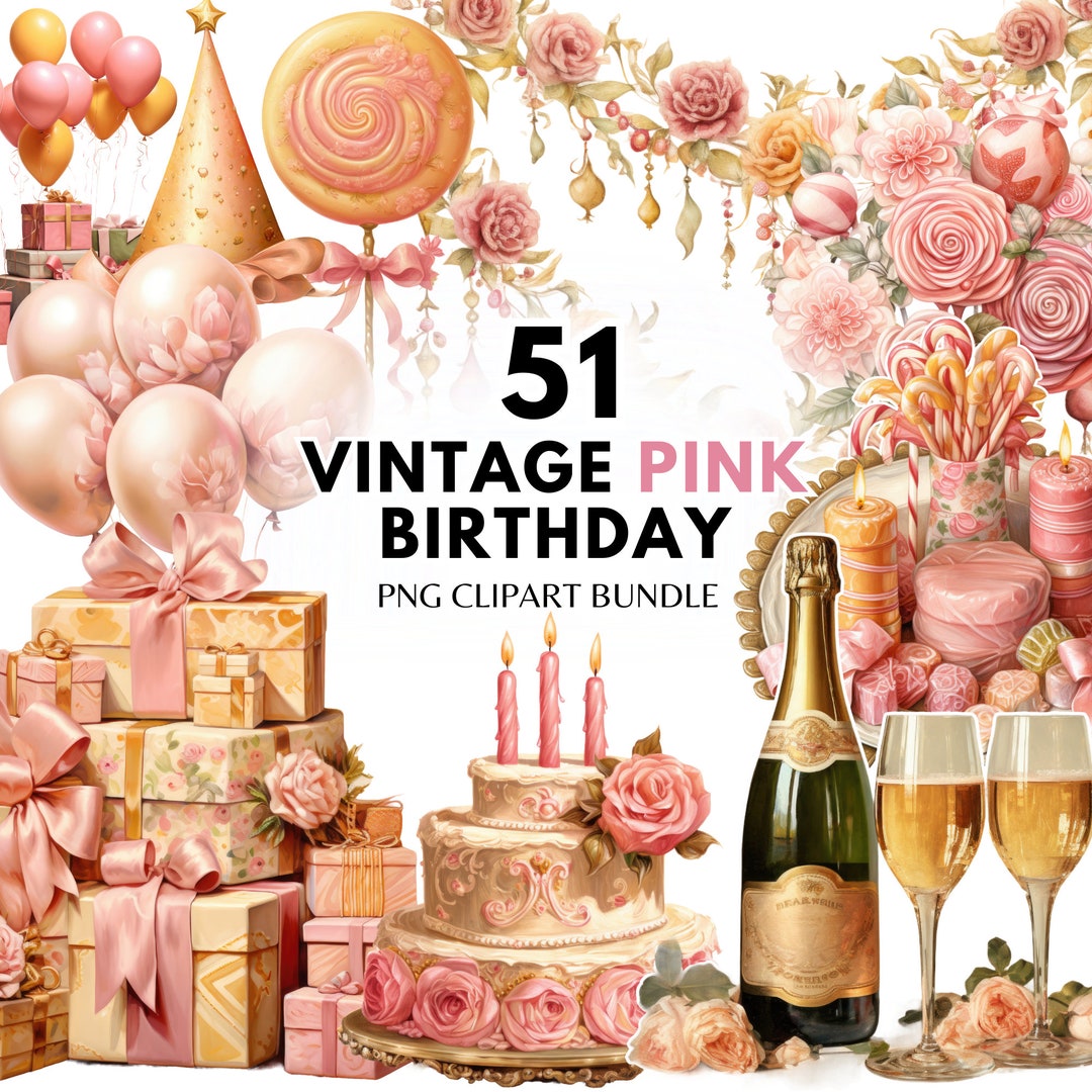 Vintage Pink Birthday Clipart Bundle Party Cake Birthday Present ...