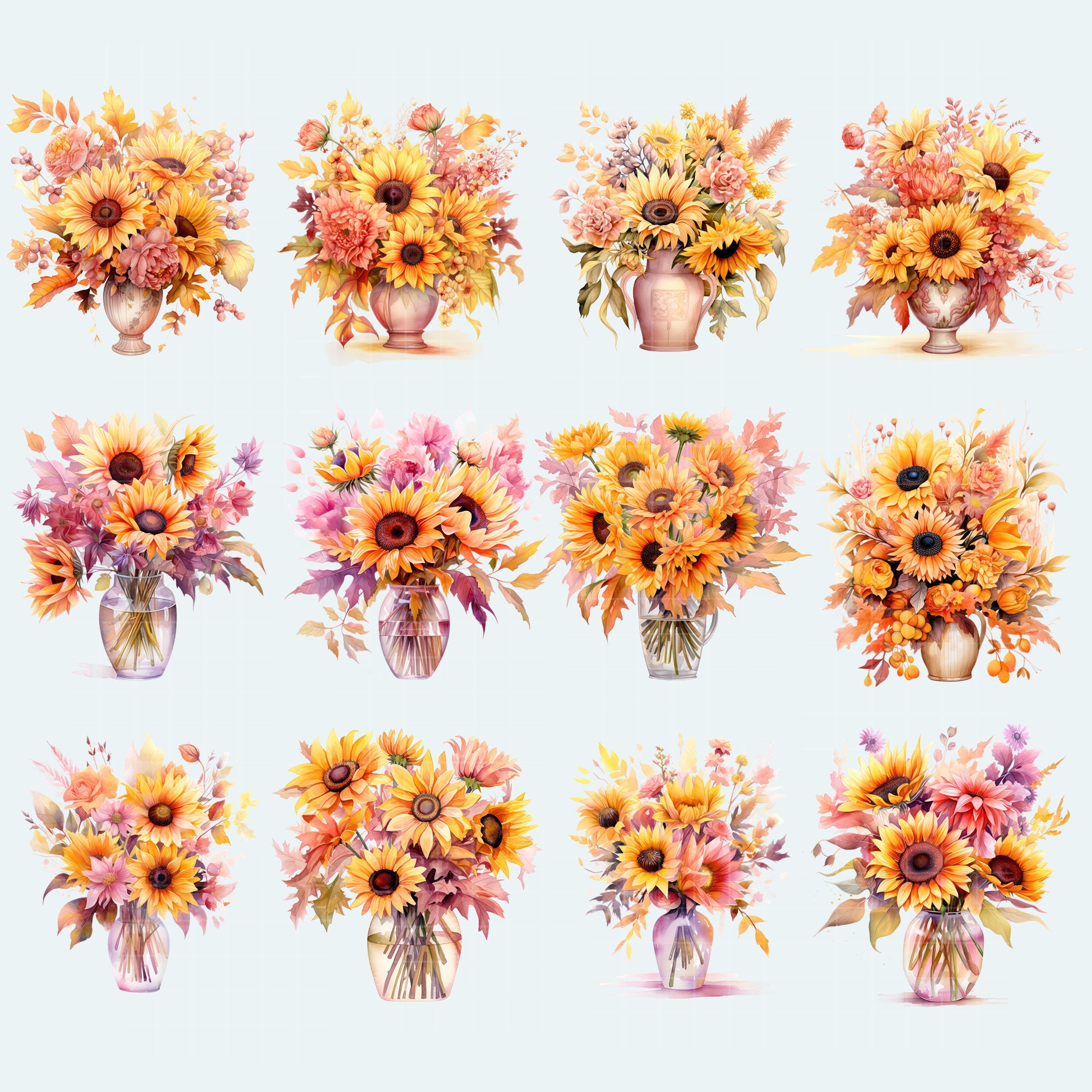 Fall Sunflowers in Vases Clipart PNG Bundle Fall Flower - Etsy