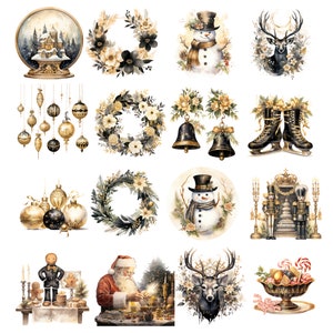 Black & Gold Christmas PNG Clipart Bundle Watercolor Black and Gold ...
