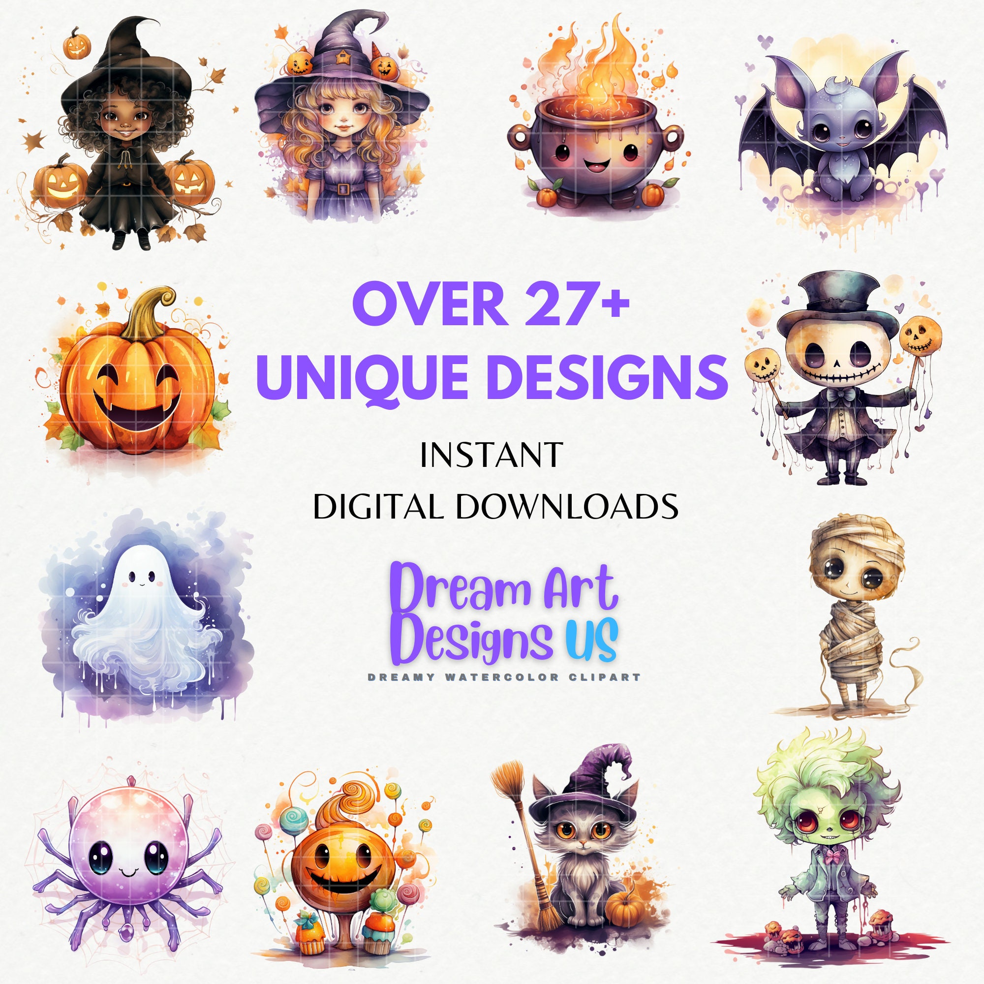 Whimsical Halloween Characters Clipart Pastel & Happy - Etsy