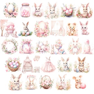 Pink Easter Clipart Baby Girl Watercolor Easter Bunny Clipart Bundle ...