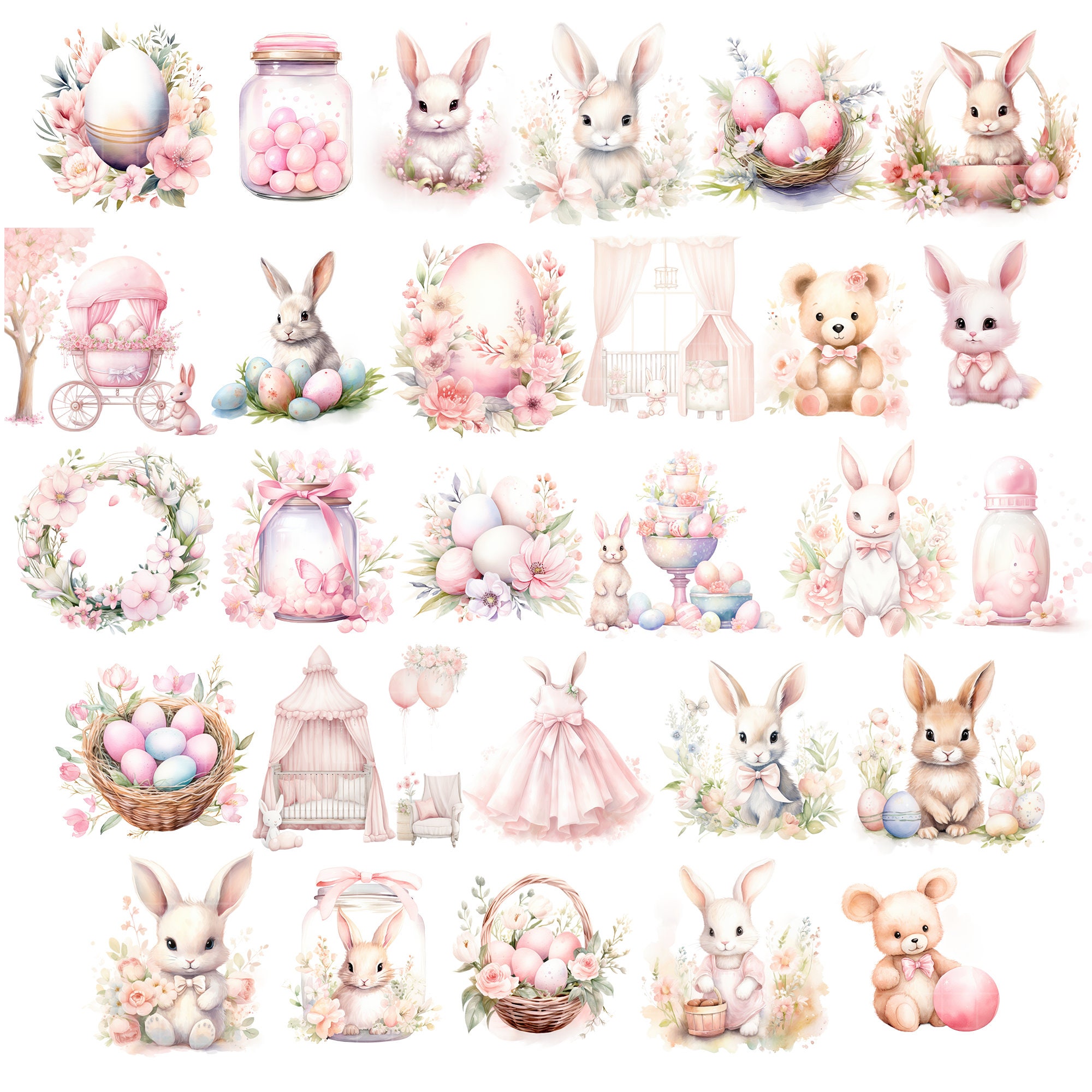 Pink Easter Clipart Baby Girl Watercolor Easter Bunny Clipart Bundle ...