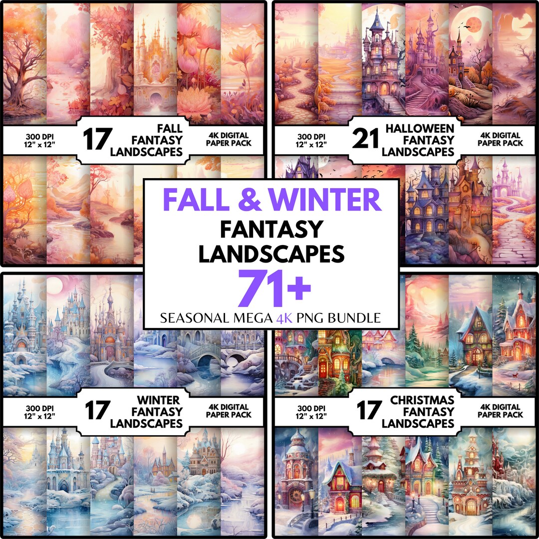 Printable Watercolor Landscape Digital Paper Mega Bundle PNG Fantasy ...