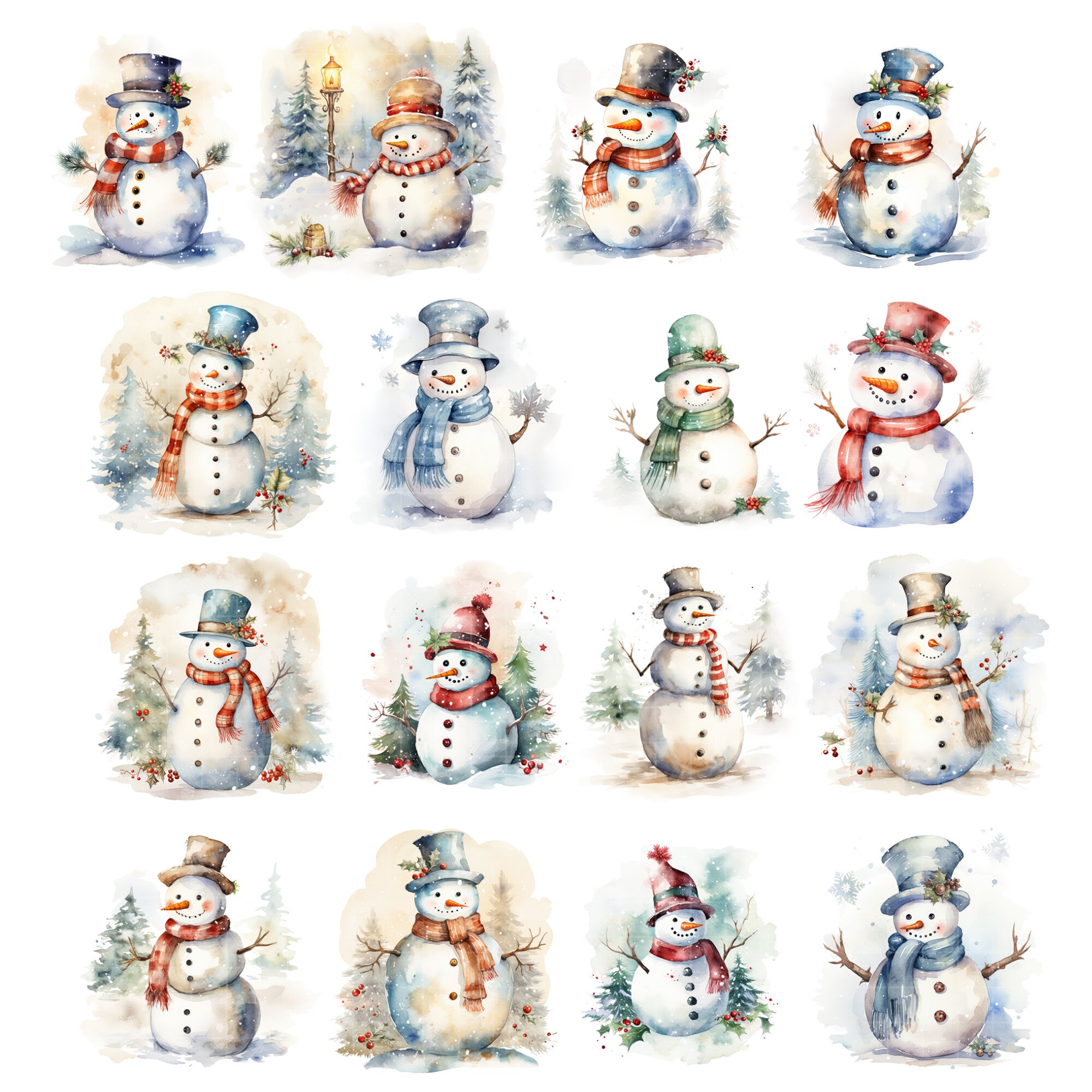 Watercolor Christmas Snowman Clipart Pastel Christmas Vintage Snowman ...