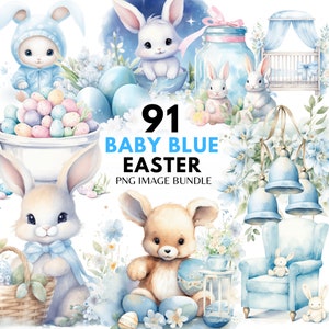 Blue Easter Clipart Baby Boy Watercolor Easter Bunny Clipart Bundle ...