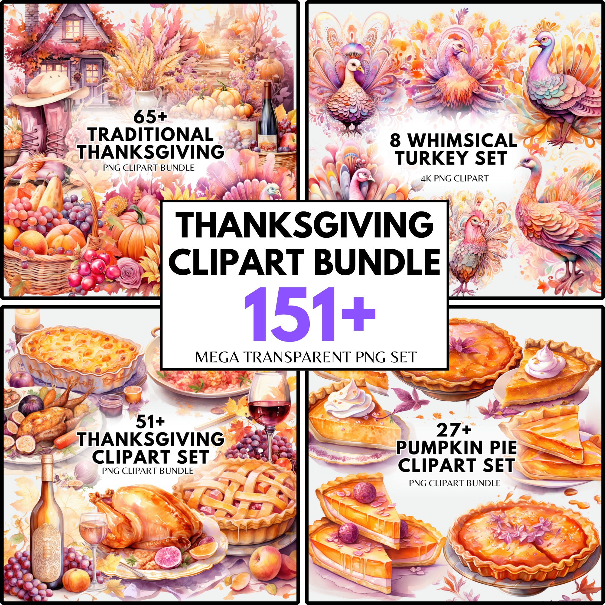 Watercolor Thanksgiving Clipart Mega Bundle PNG Turkey Day Png Fall ...