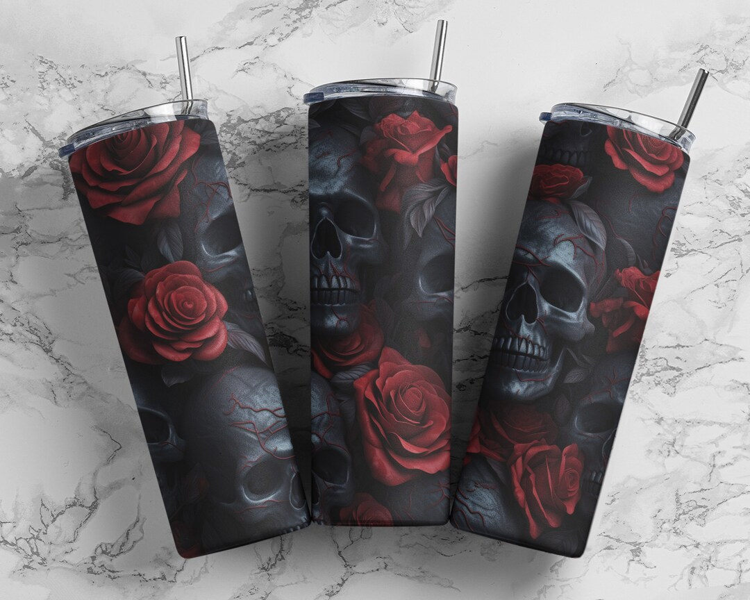 Gothic Skulls and Roses Tumbler Wrap PNG, 20 Oz Skinny 3D Tumbler ...