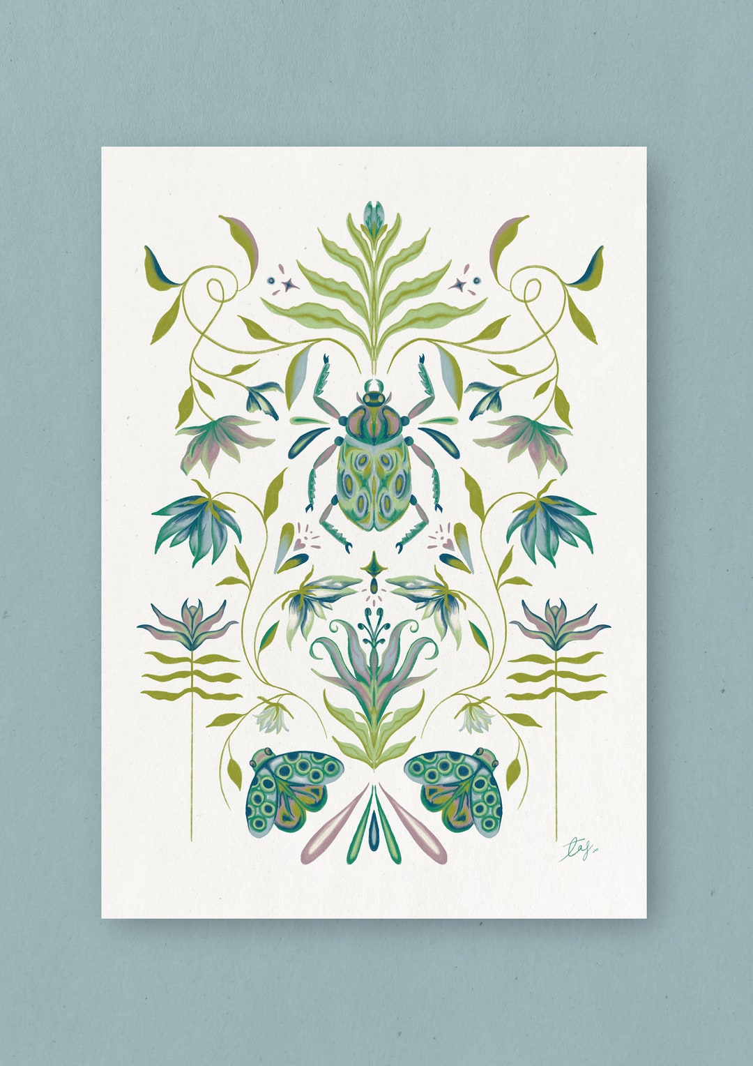 Emerald - Blue Bug and Floral A4 / A5 Art Print - Etsy