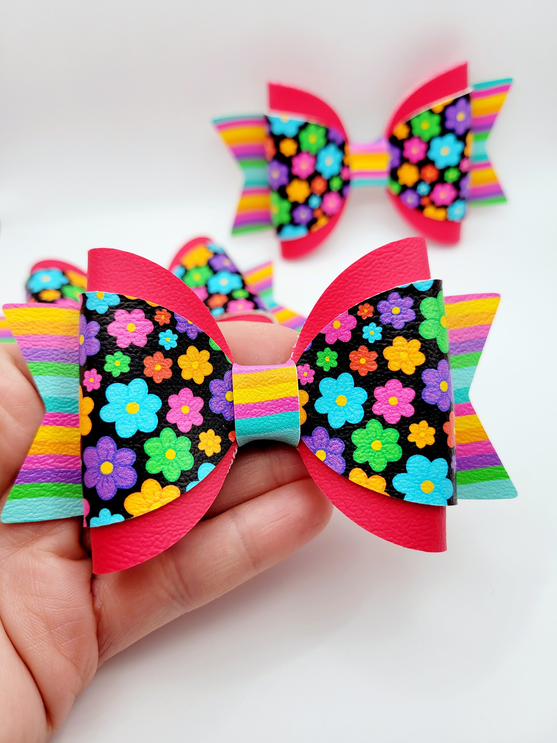 Rainbow Flower Hair Bow, Colorful Flowers, Stripes, Pigtail Bows - Etsy