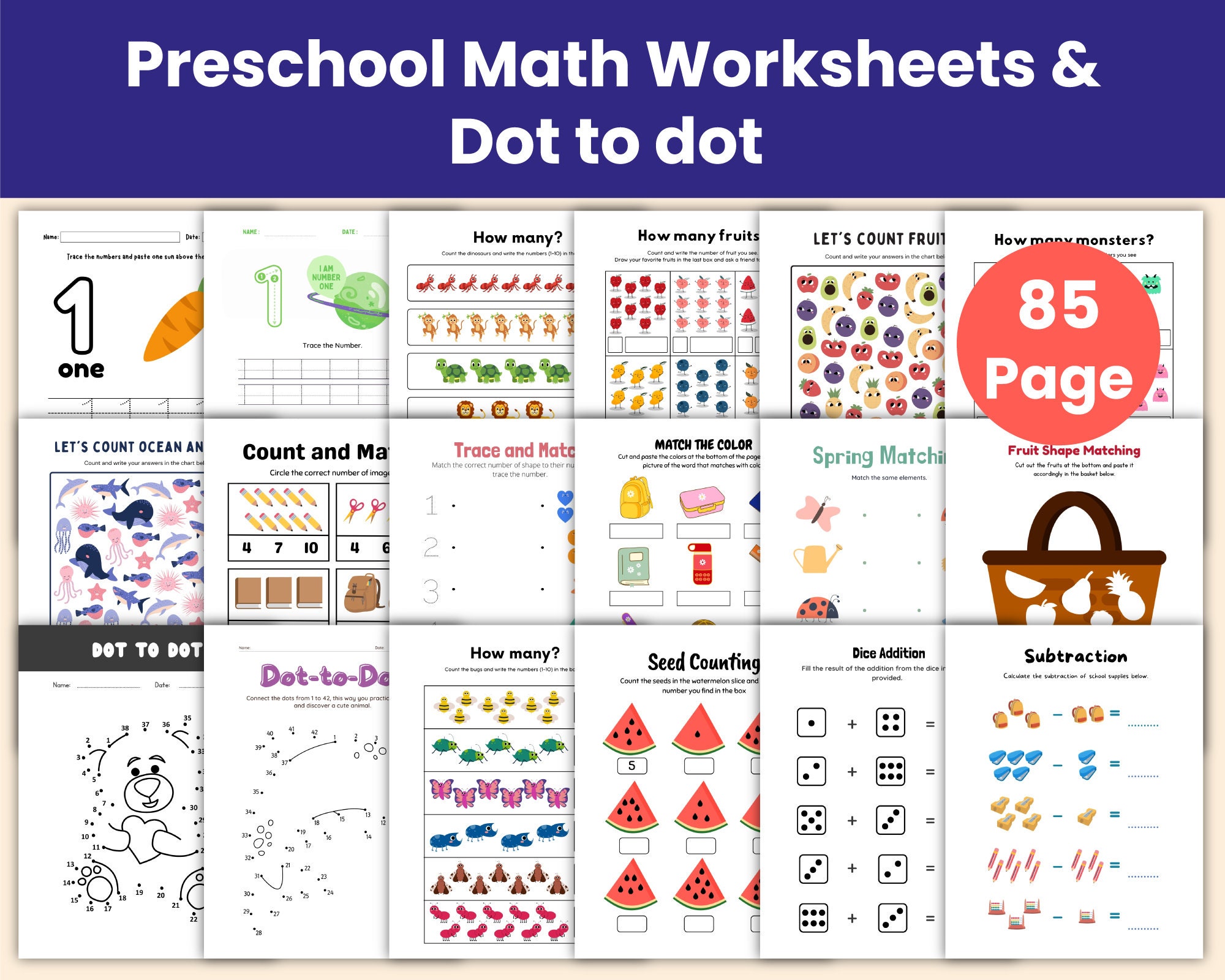 Preschool Kindergarten Math Worksheet| Dot to Dot |counting| Matching ...