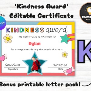 Certificate Template Editable, Kindness Award, School Class CANVA ...