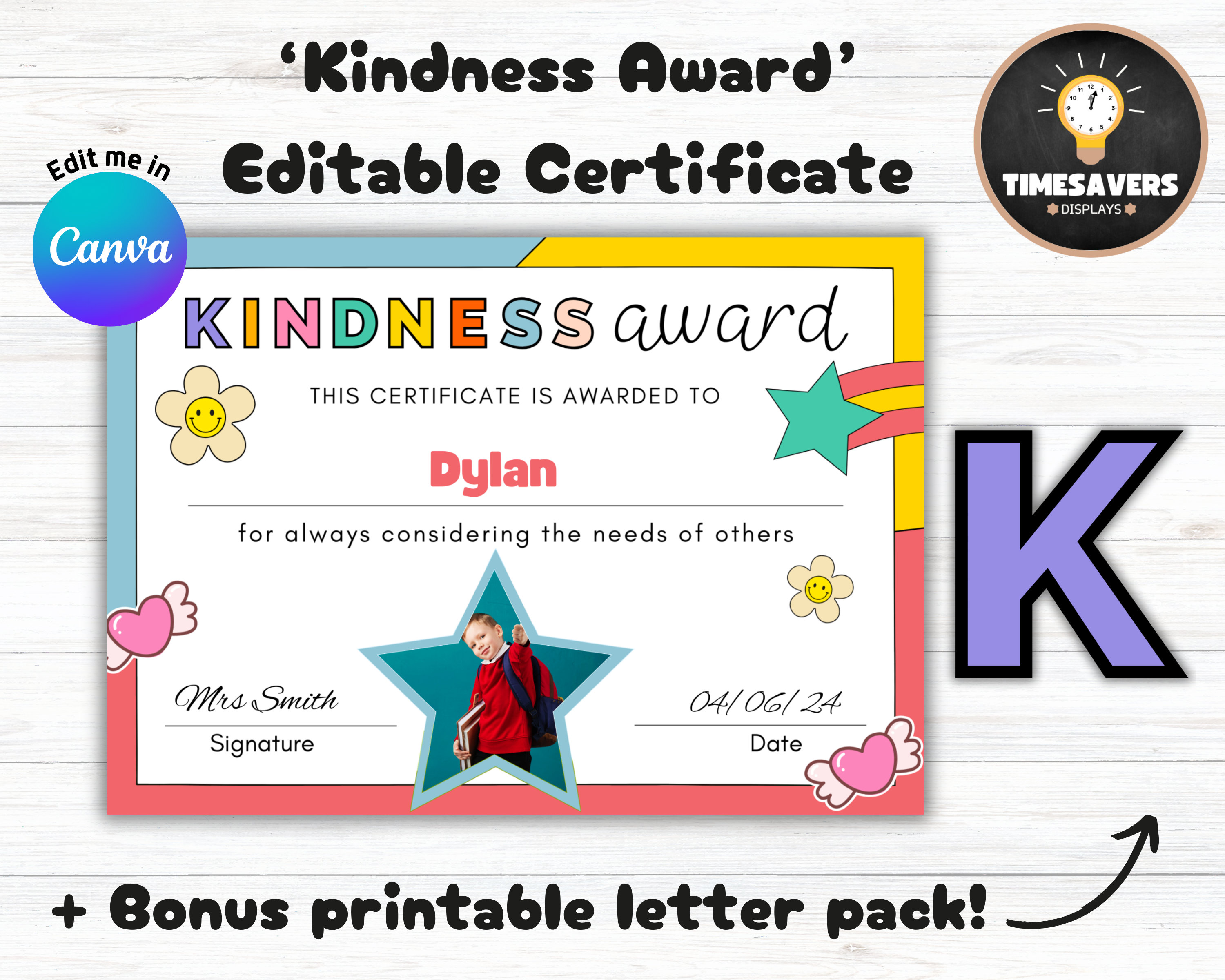Certificate Template Editable, Kindness Award, School Class CANVA ...