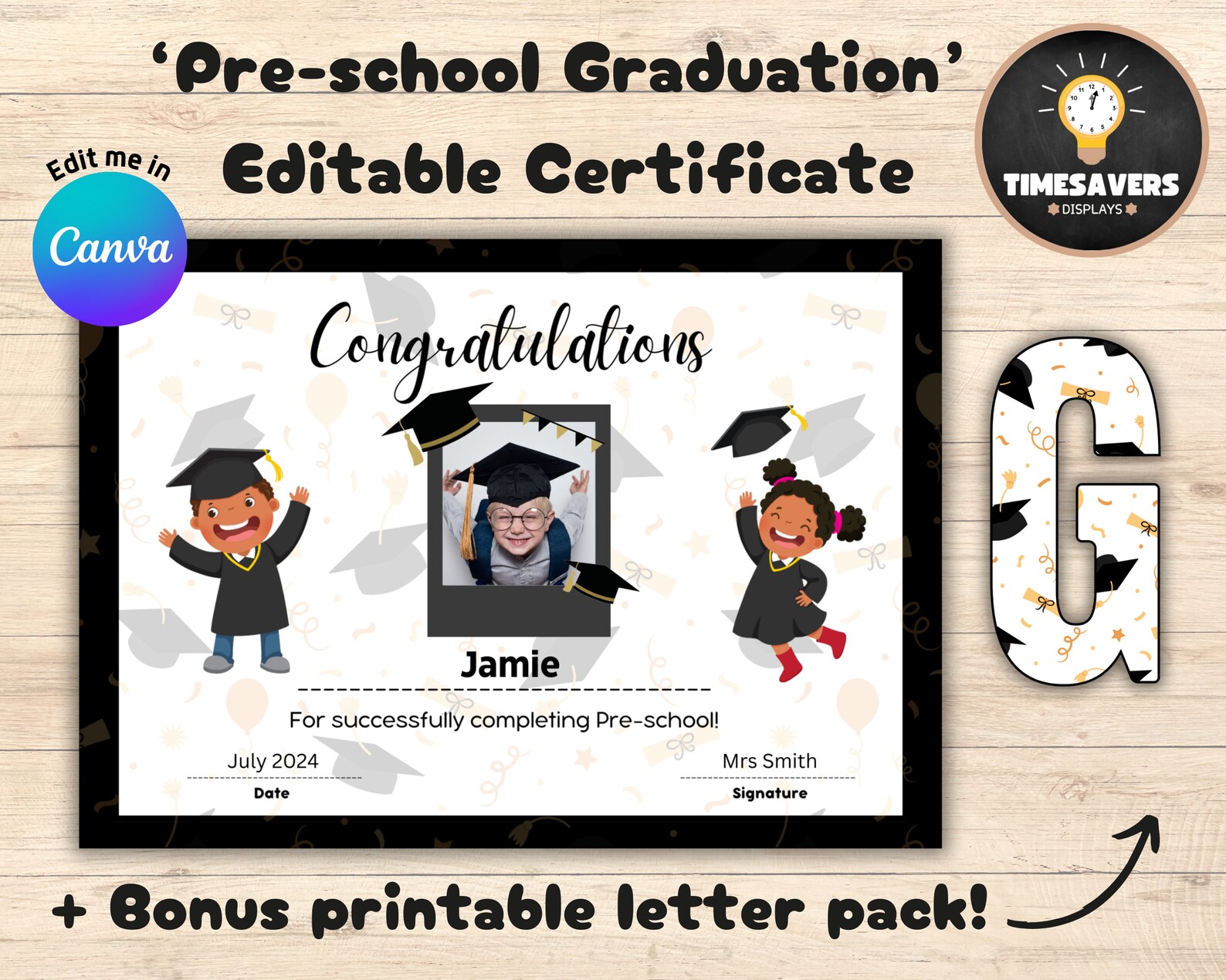 Certificate Template Editable, Pre-school Graduation Award, School ...