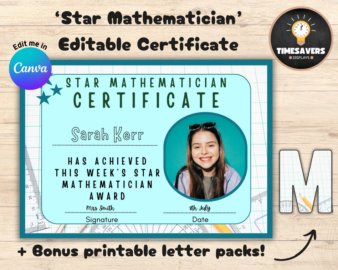 Certificate Template Editable, Maths Award, School Class Editable CANVA ...