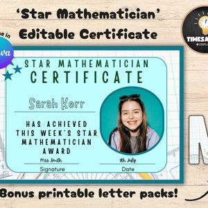 Certificate Template Editable, Maths Award, School Class Editable CANVA ...