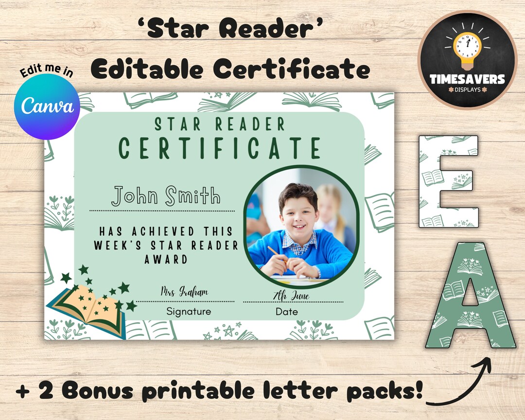 Certificate Template Editable, Reading Award, School Class CANVA ...