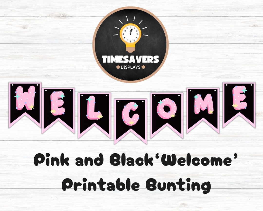 Welcome Bunting, Printable Pink and Black Welcome Bunting, Pastel Pink ...