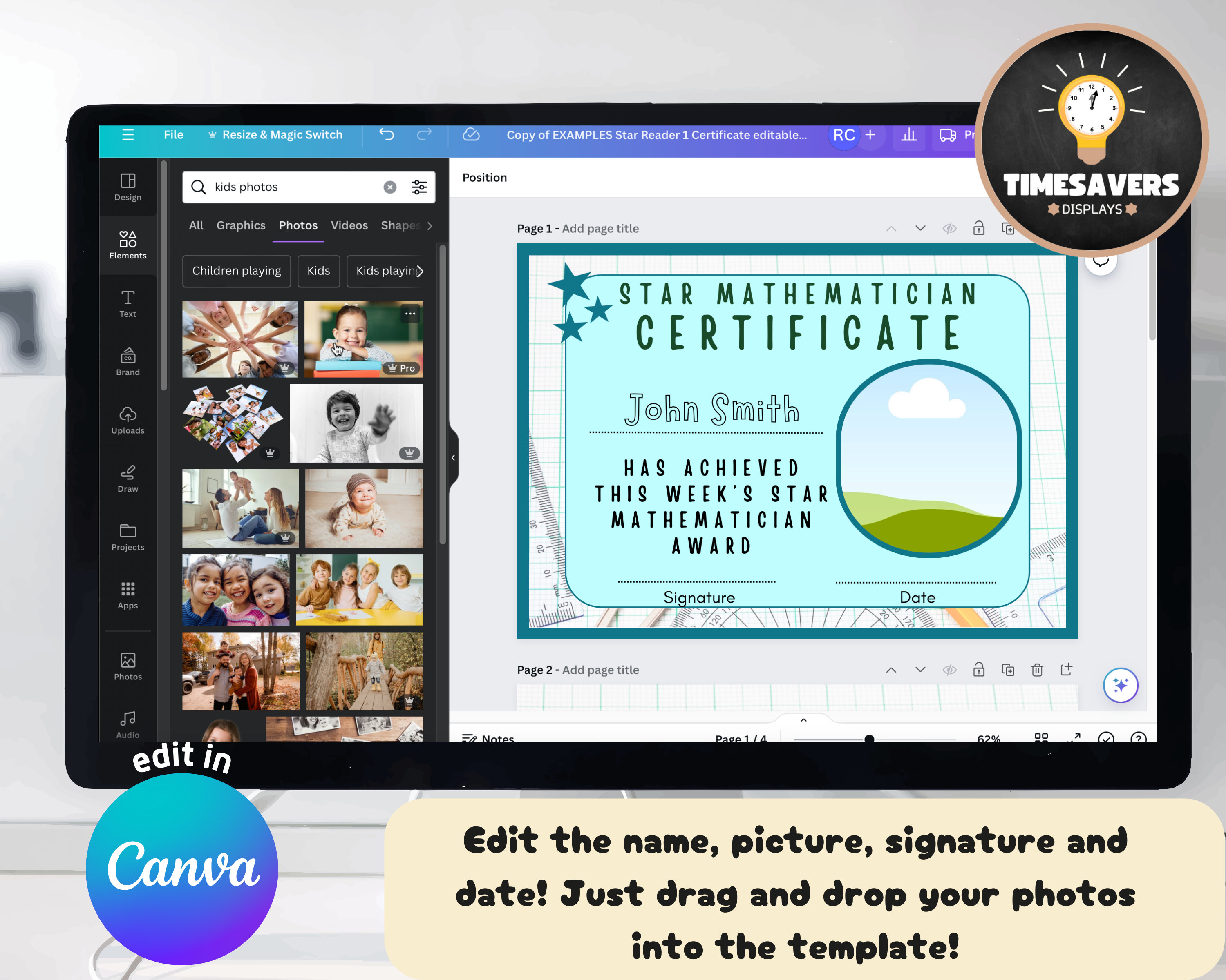Certificate Template Editable, Maths Award, School Class Editable CANVA ...