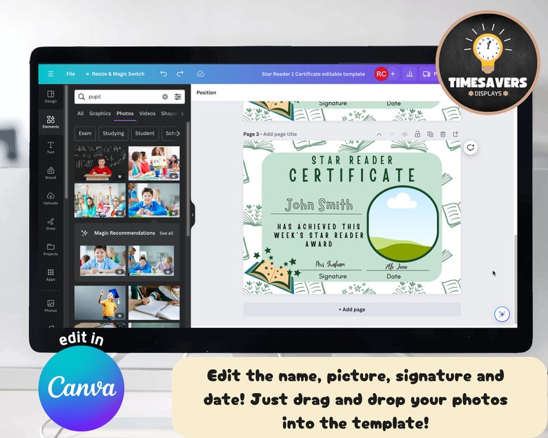 Certificate Template Editable, Reading Award, School Class CANVA ...
