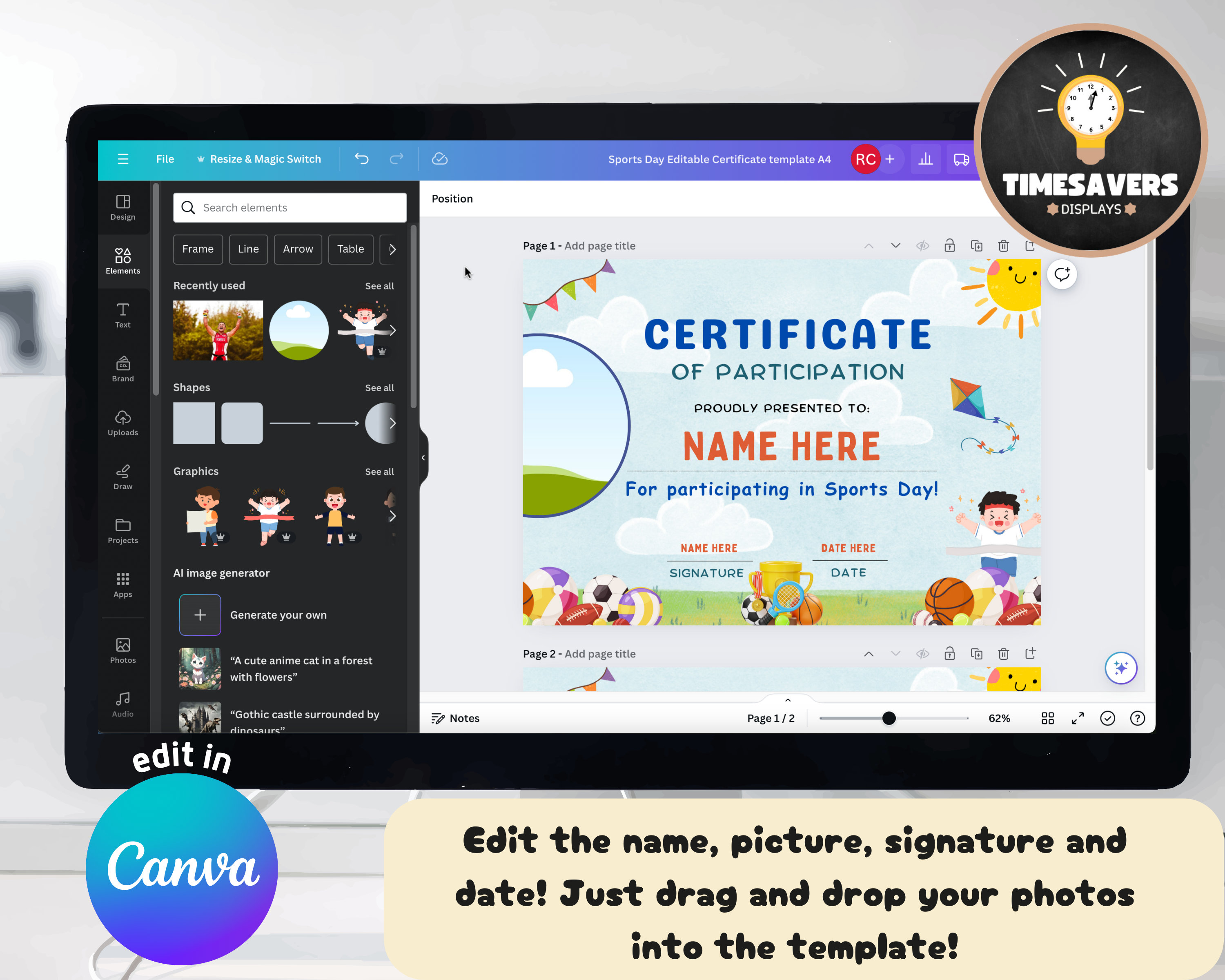 Certificate Template Editable, Sports Day Award, School Editable CANVA ...
