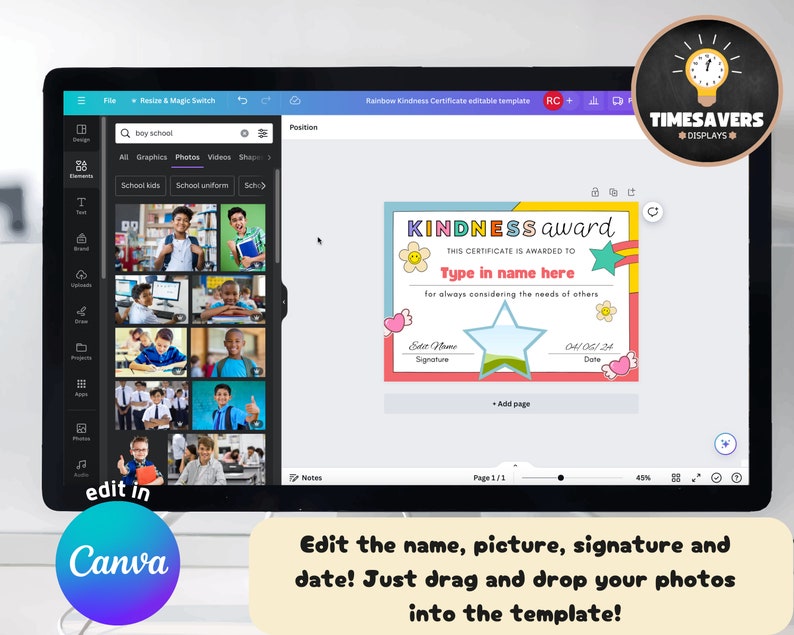 Certificate Template Editable, Kindness Award, School Class CANVA ...