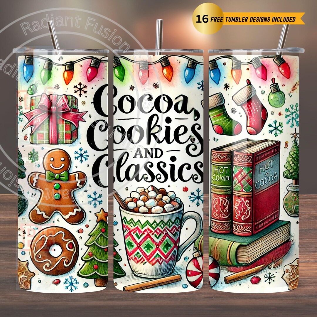 Christmas Cookies Cocoa Tumbler Wrap, Holiday Books PNG (digital ...