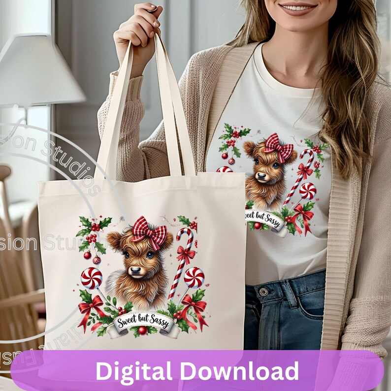 Highland Cow Christmas PNG: Candy Cane Holiday Design (digital Download ...