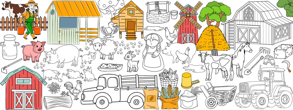 Farm Giant Coloring Banner| Big Printable Coloring Page | Birthday ...