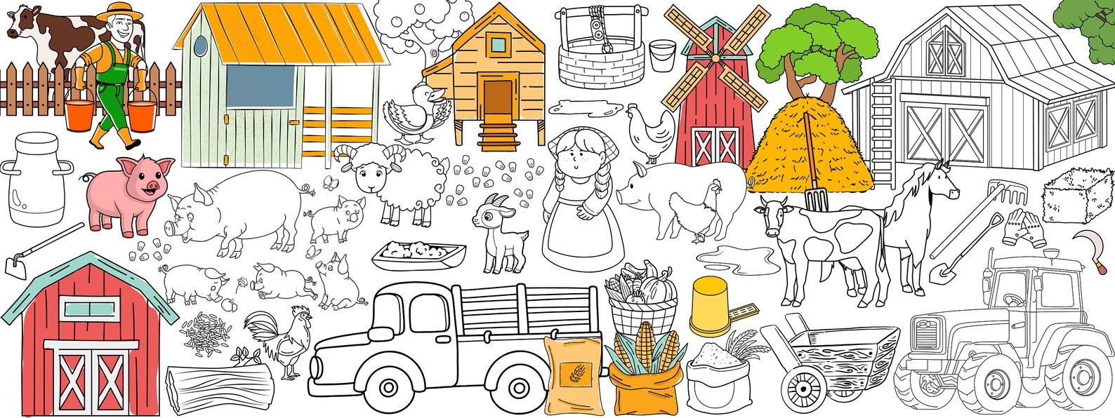 Farm Giant Coloring Banner| Big Printable Coloring Page | Birthday ...