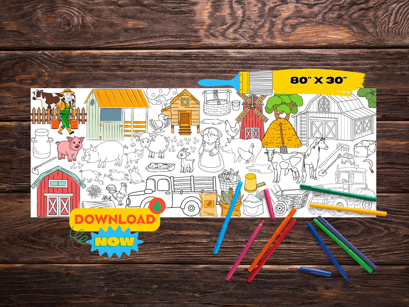 Farm Giant Coloring Banner| Big Printable Coloring Page | Birthday ...