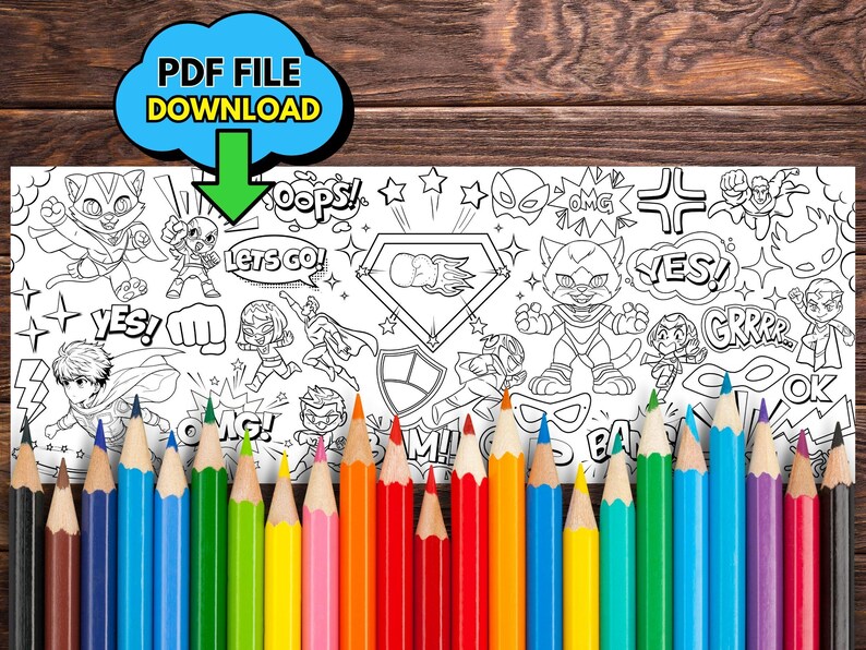 Super Heroes Giant Coloring Page | Printable Coloring Table Runner ...