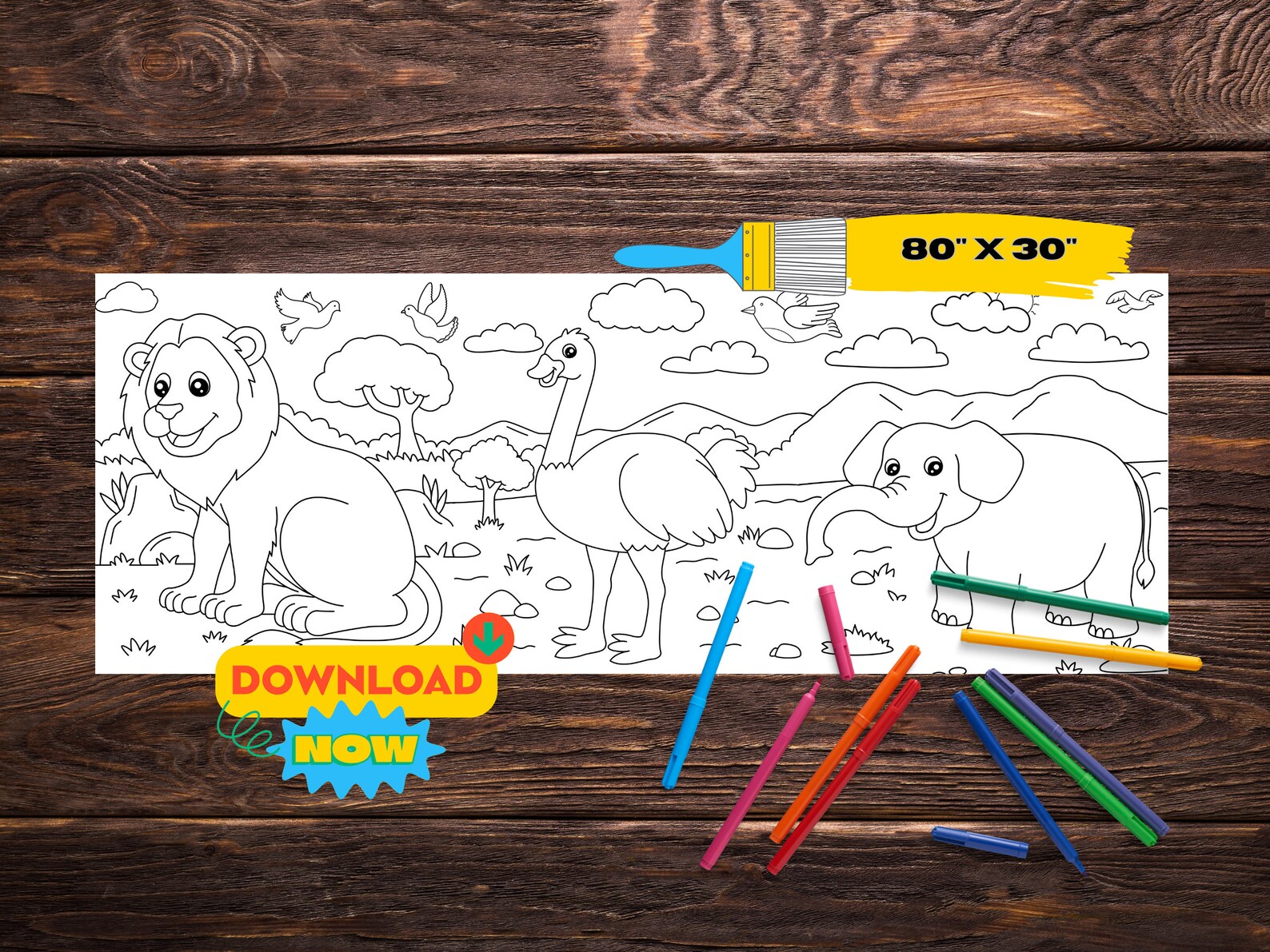 Safari Animals Coloring Banner | Big Printable Coloring Page | Paper ...