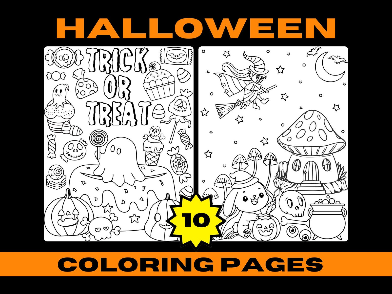 10 Cute Halloween Coloring Pages | Kids Coloring Activity | Instant ...