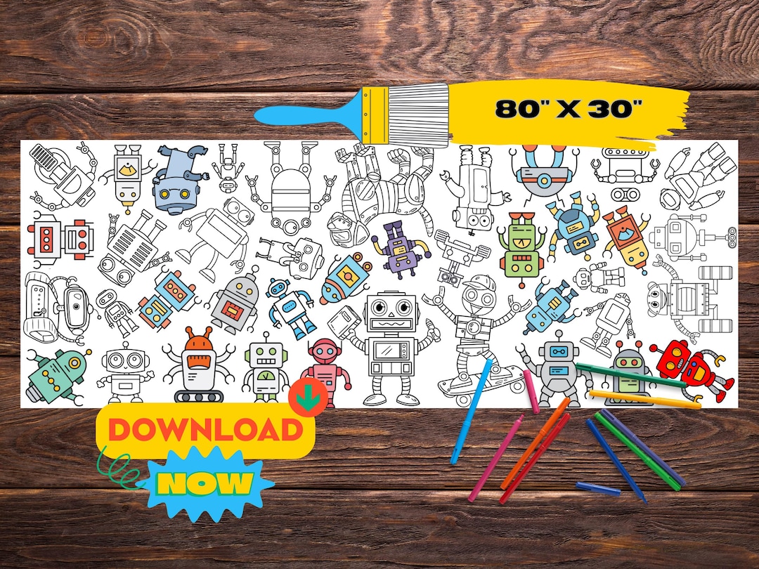 Robots Giant Coloring Banner | Big Printable Coloring Page | Birthday ...