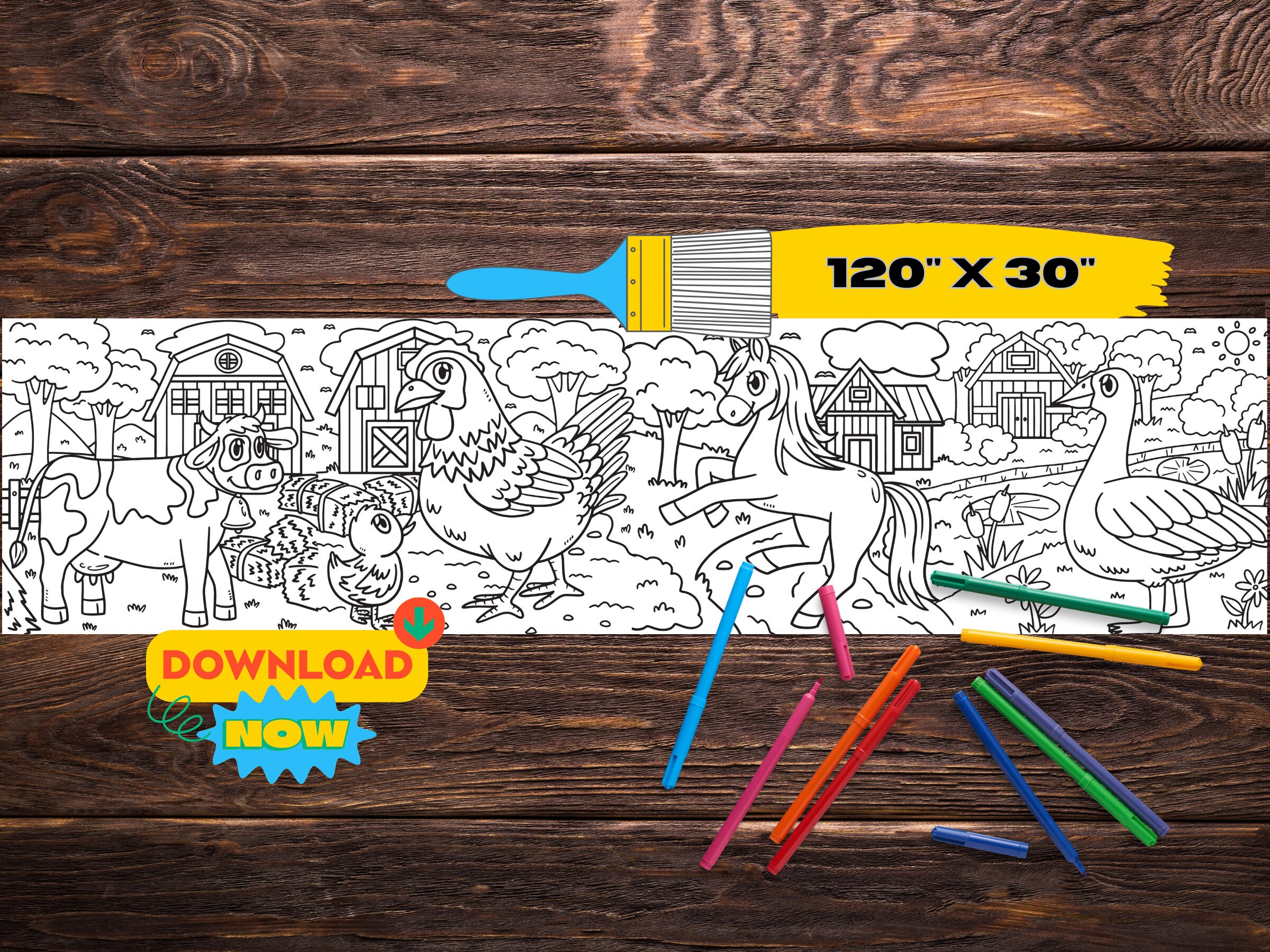 Farm Animals Coloring Banner| Big Printable Coloring Page | Birthday ...