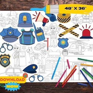 Police Giant Coloring Page | Printable Coloring Tablecloth | Digital ...