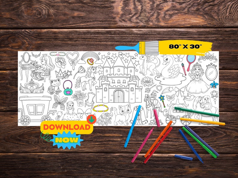 Princess Giant Coloring Banner| Big Printable Coloring Page | Birthday ...