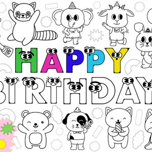 Printable Birthday Coloring Banner Cute Animals Big Activity Sheet - Etsy