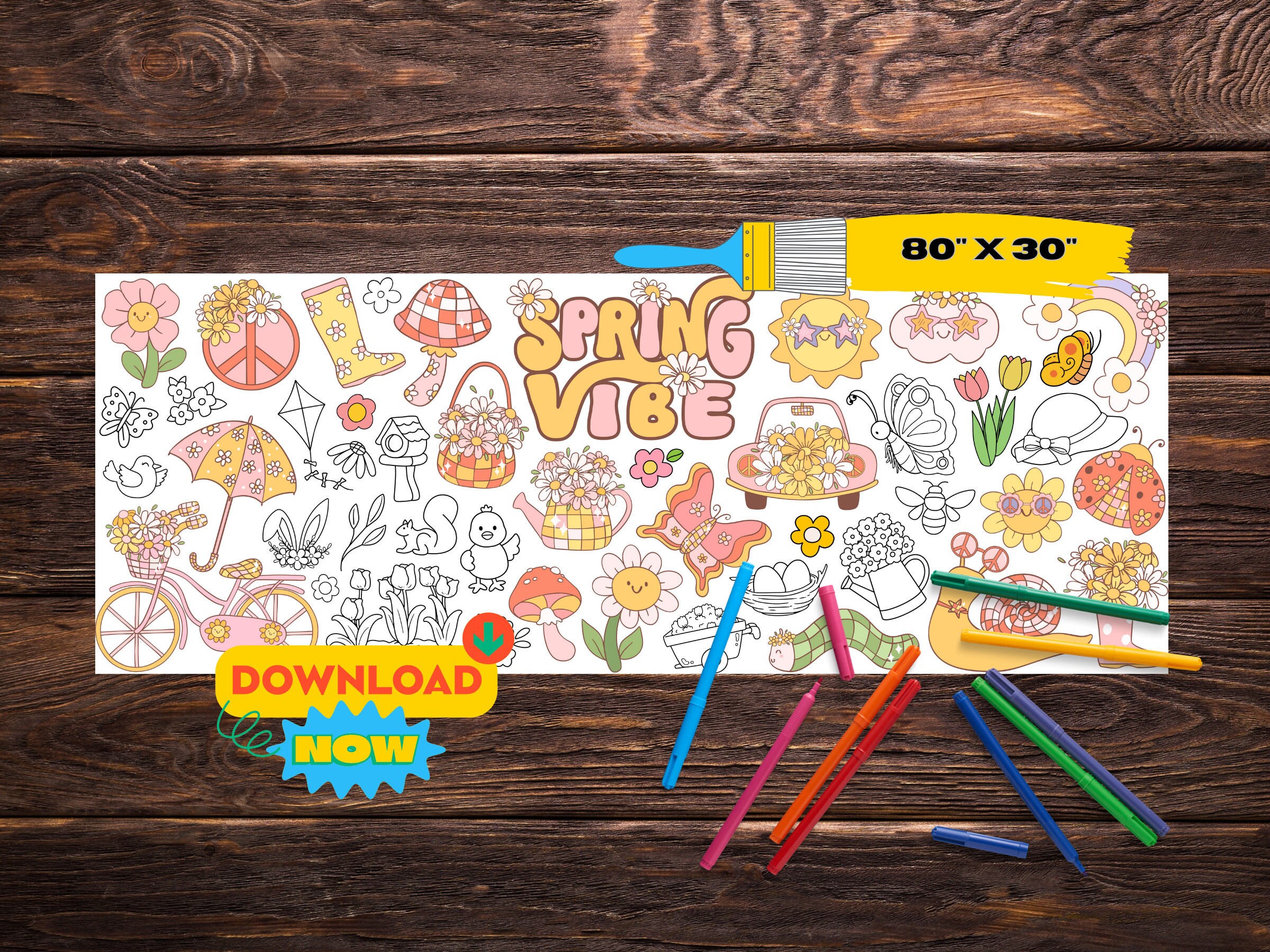 Spring Coloring Banner | Big Printable Coloring Page | Paper Table ...