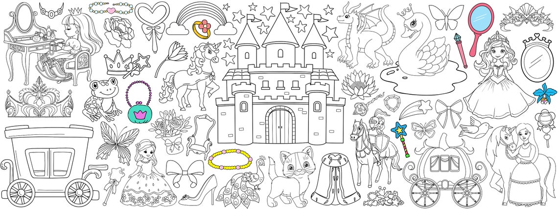 Princess Giant Coloring Banner| Big Printable Coloring Page | Birthday ...