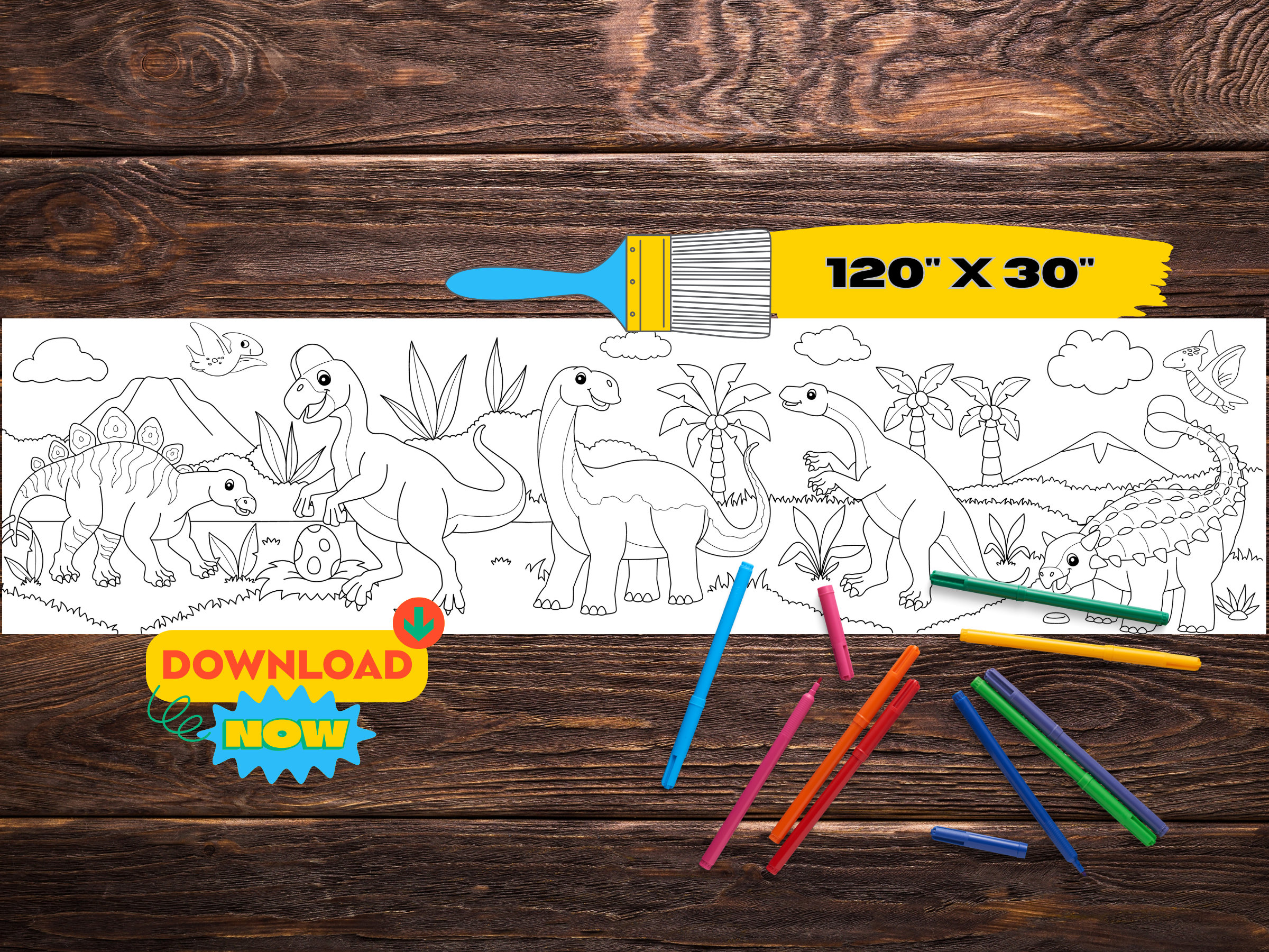 Dinosaur Giant Coloring Banner| Big Printable Coloring Page | Birthday ...