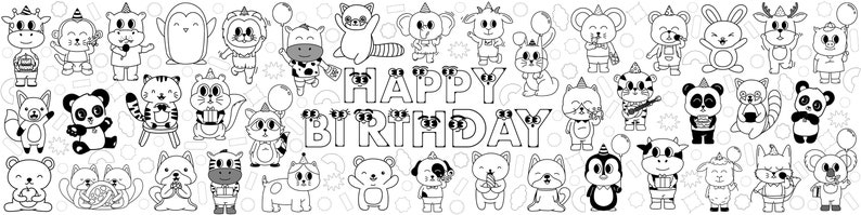 Printable Birthday Coloring Banner Cute Animals Big Activity Sheet - Etsy