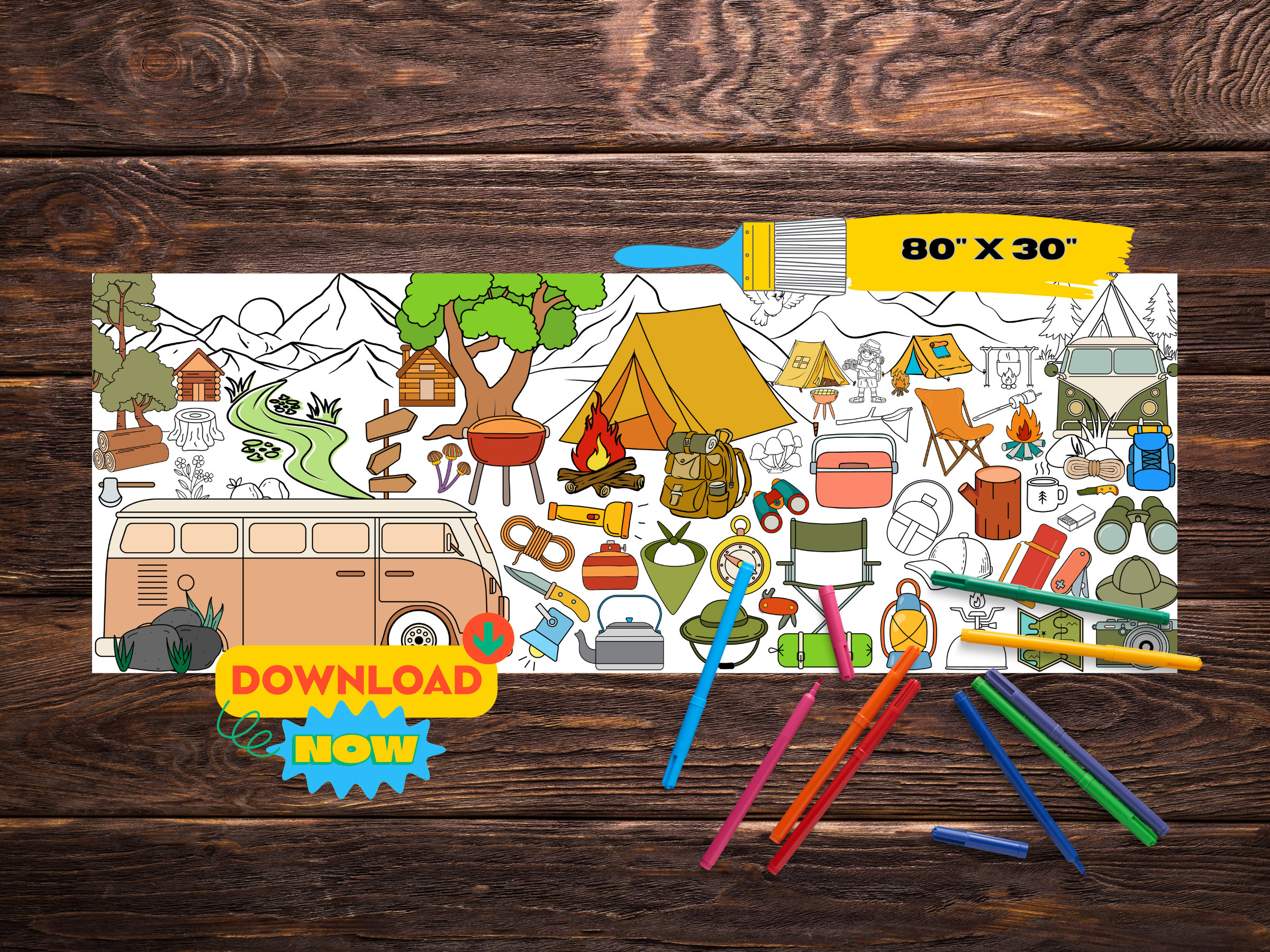 Camping Giant Coloring Banner| Big Printable Coloring Page | Birthday ...